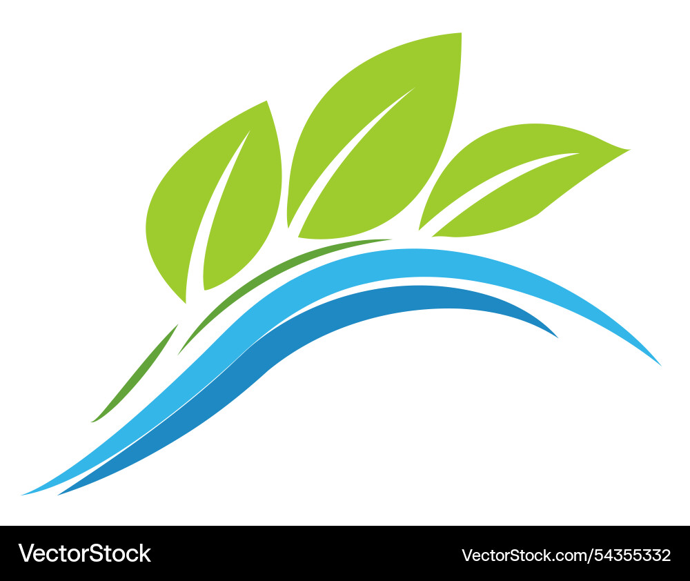 Logo featuring green leaves and blue water waves Vector Image