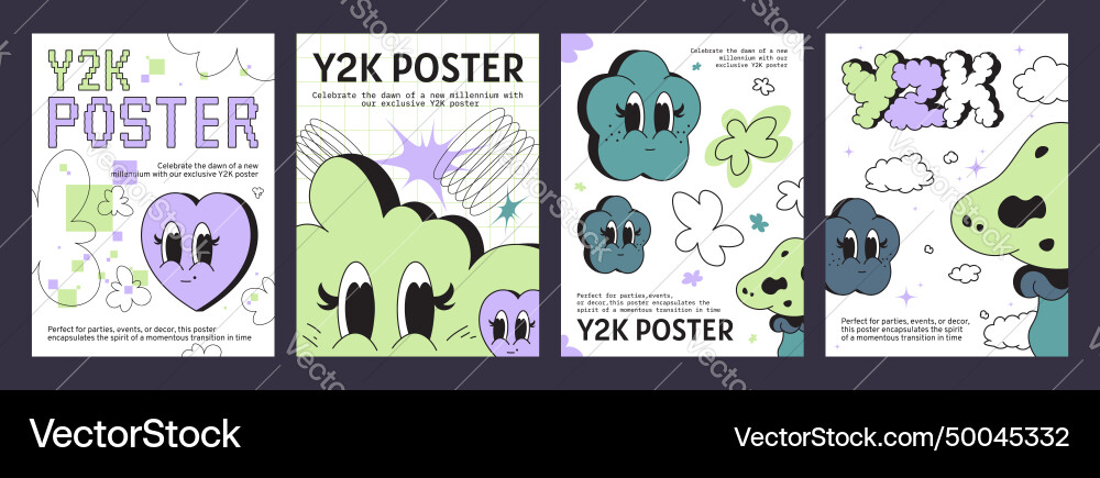 Y2k vibe posters with heart and cloud shape emoji Vector Image