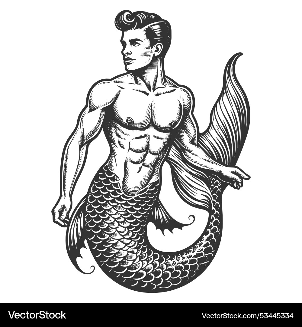 Muscular merman engraving Royalty Free Vector Image