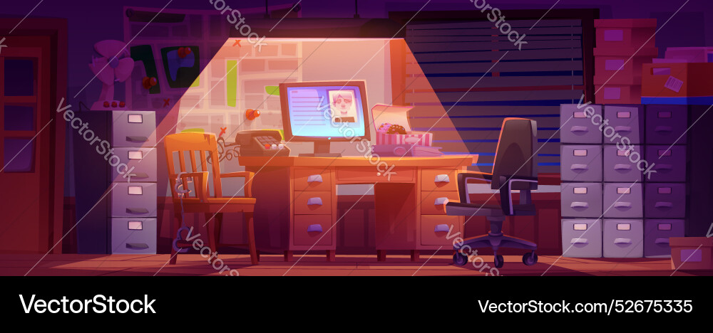 Detective office interior at night Royalty Free Vector Image