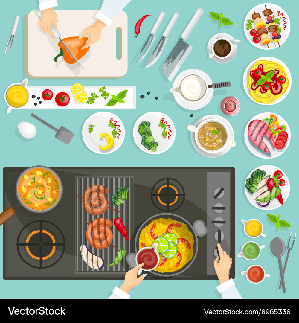 Chef workplace top view Royalty Free Vector Image