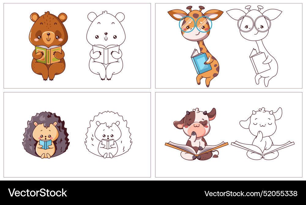Cute animals reading books 2d cartoon characters Vector Image