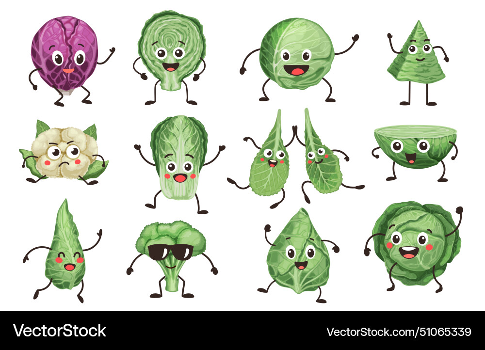 Cartoon cabbage characters vegetable faces Vector Image
