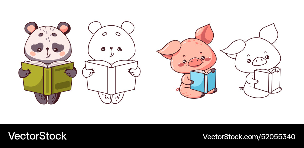 Kawaii cute animals students enjoying reading on Vector Image