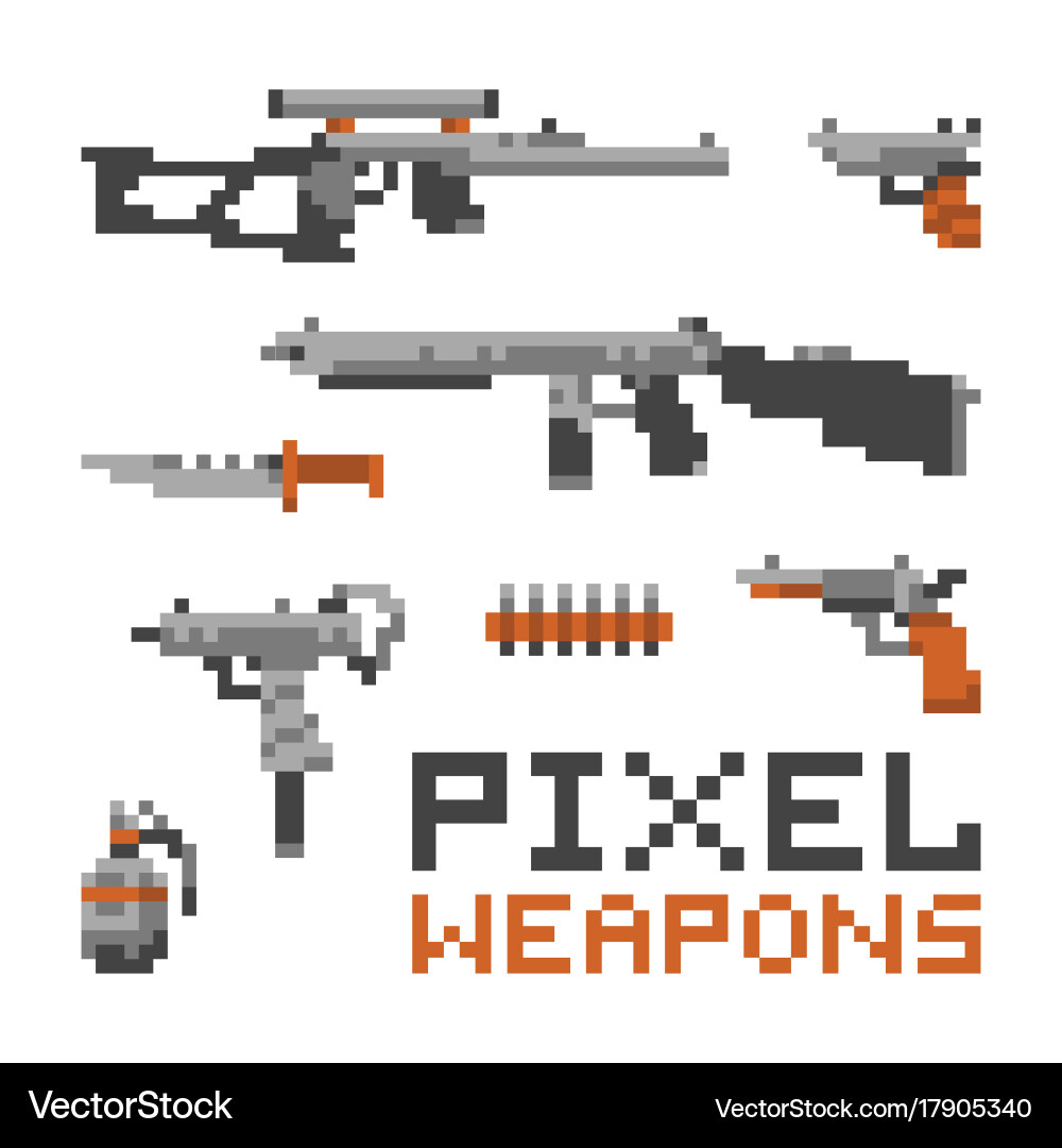Pixel art game style weapons and guns isolated Vector Image