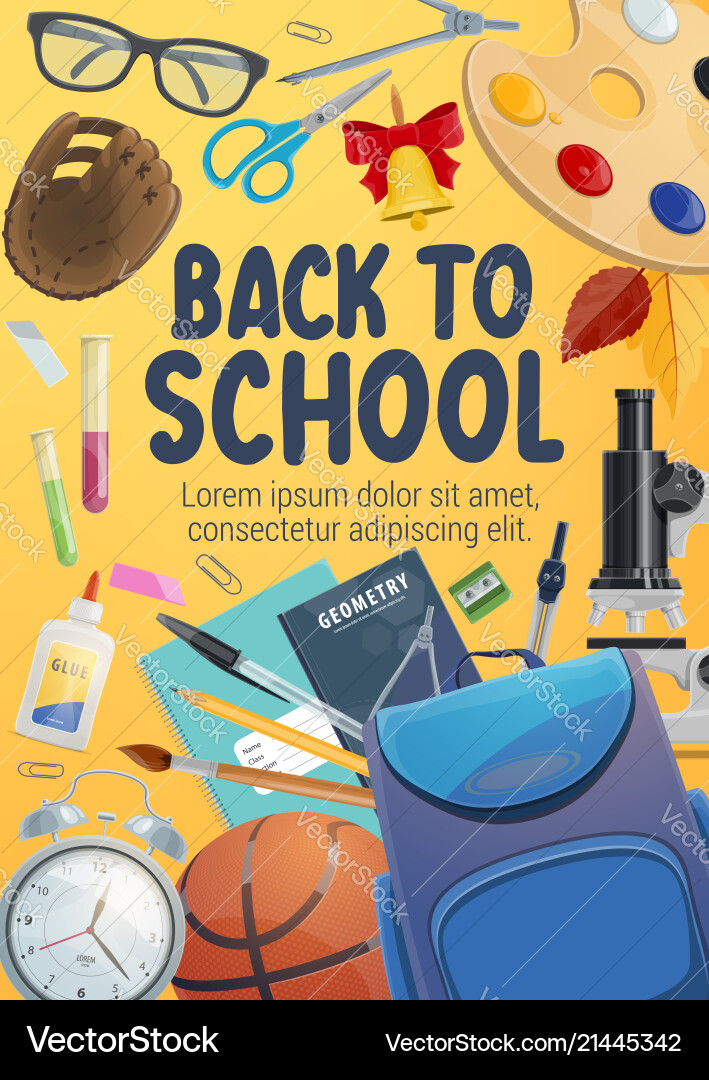 Education items and school supplies poster Vector Image