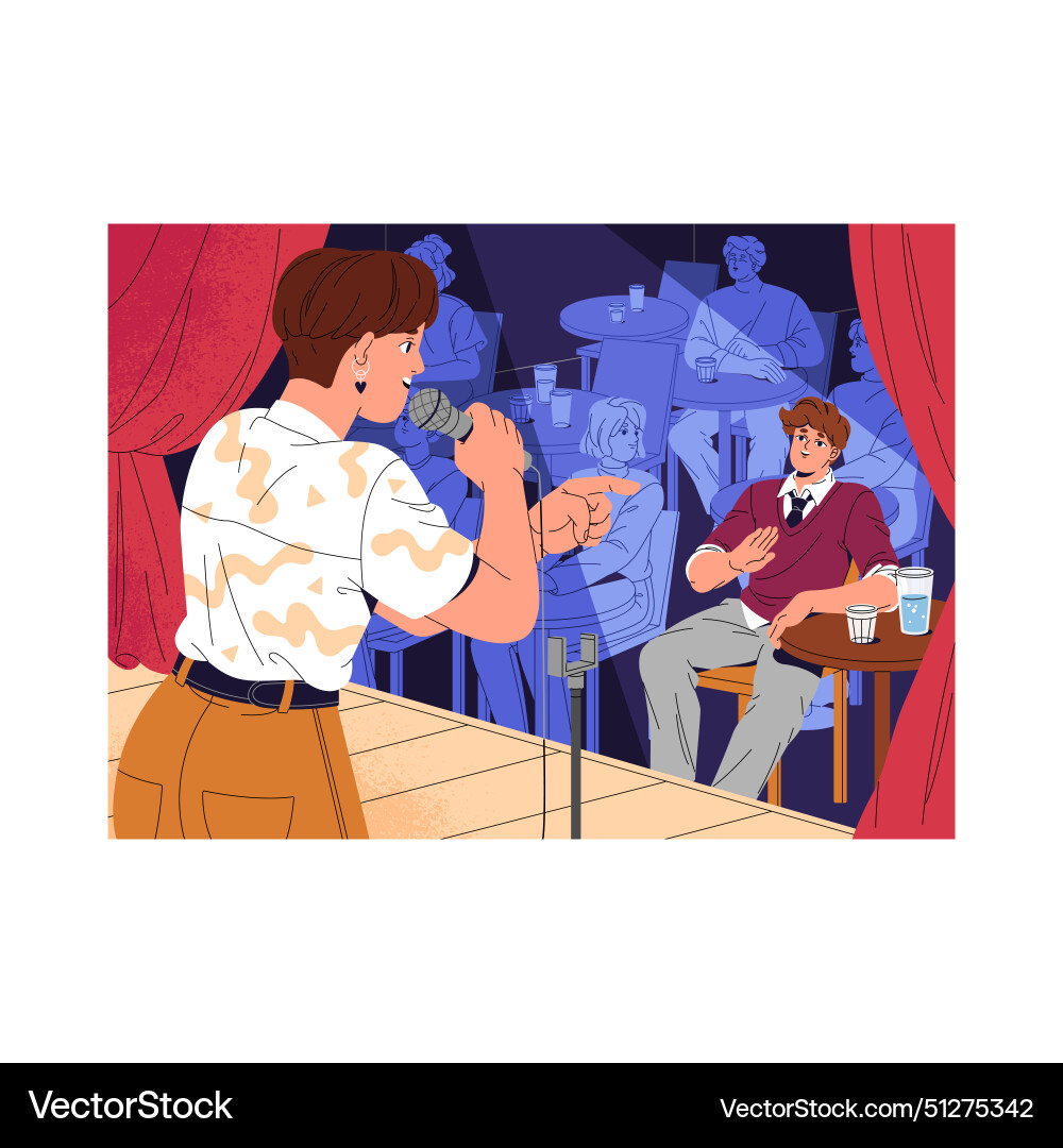 Funny comedian tells jokes with microphone Vector Image
