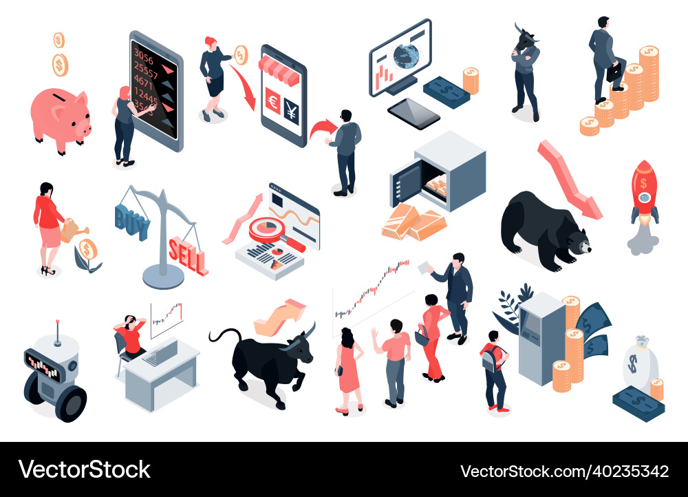 Investment isometric set Royalty Free Vector Image
