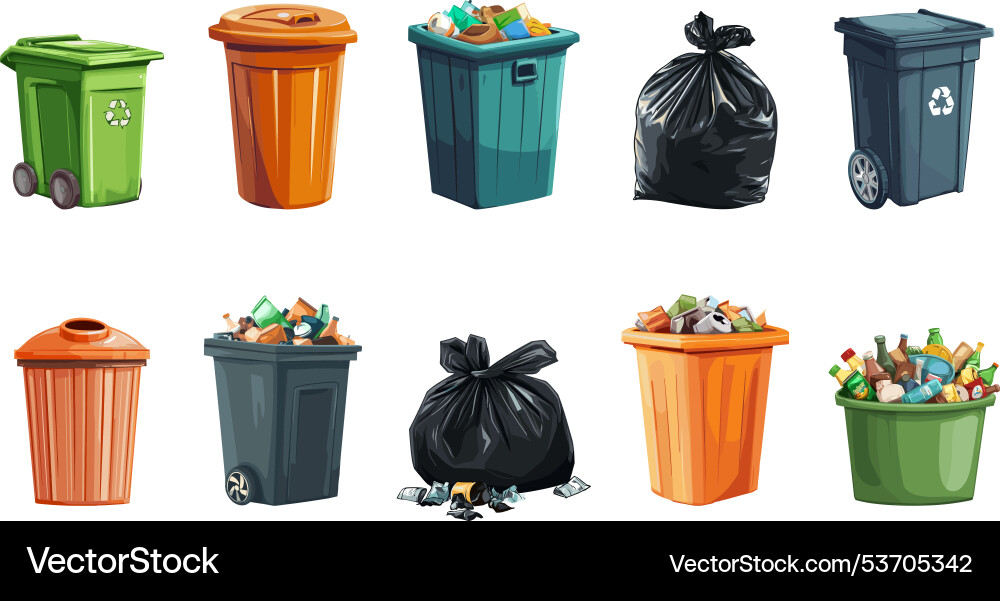 Trash bin set black garbage bag and bins Vector Image