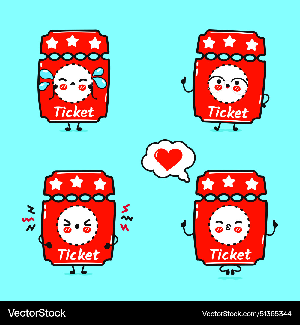 Funny cute happy cinema ticket characters bundle Vector Image