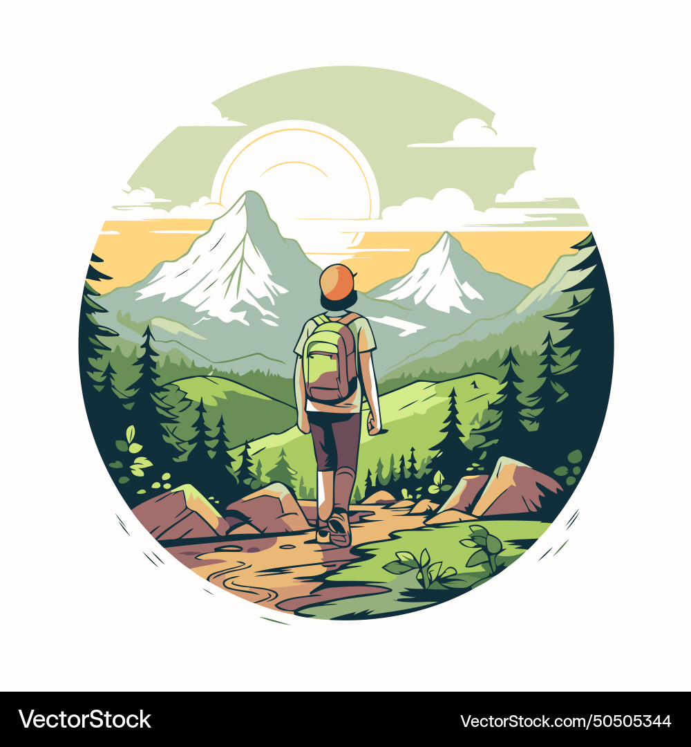 Hiking in the mountains a flat style Royalty Free Vector