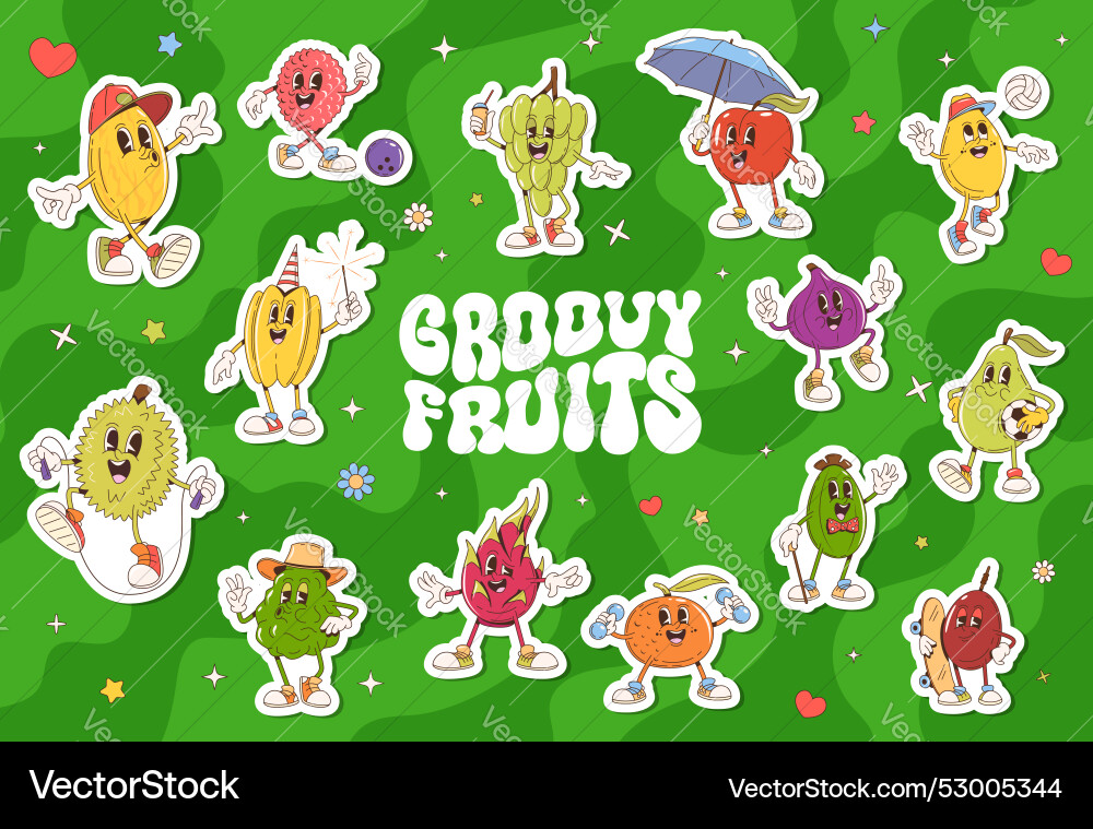 Retro groovy fruit characters stickers set Vector Image