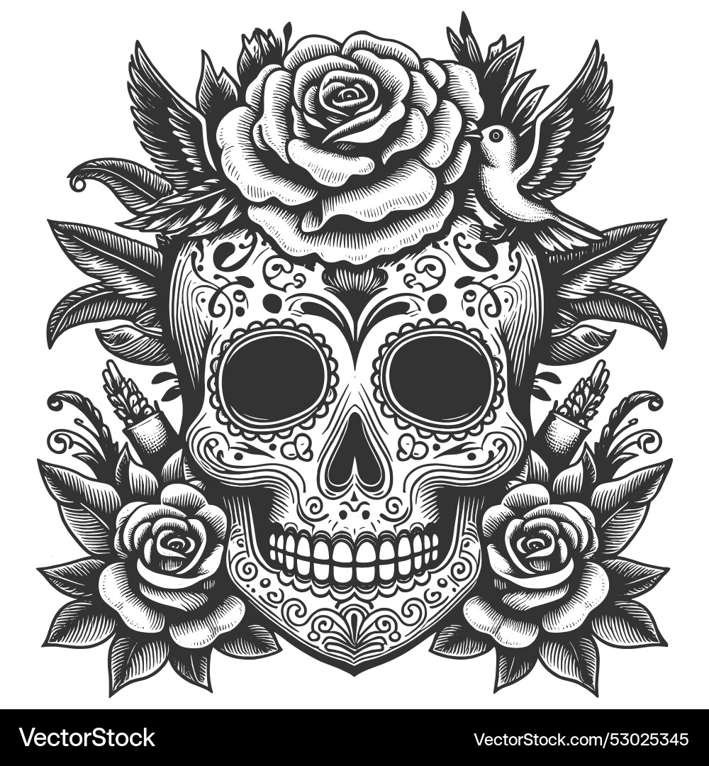 Sugar skull roses and bird Royalty Free Vector Image