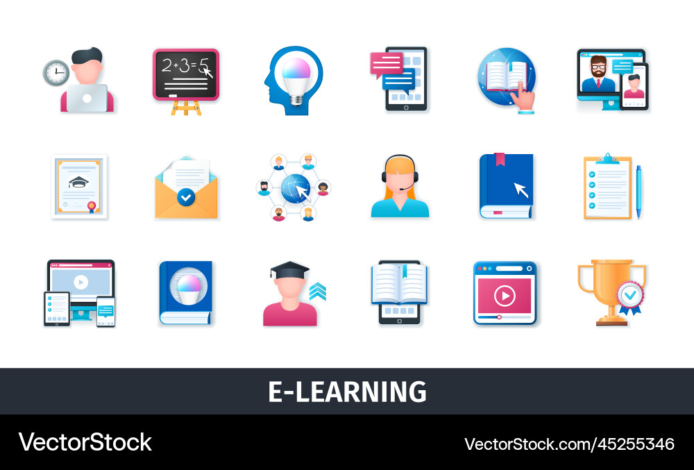 E-learning 3d icon set Royalty Free Vector Image