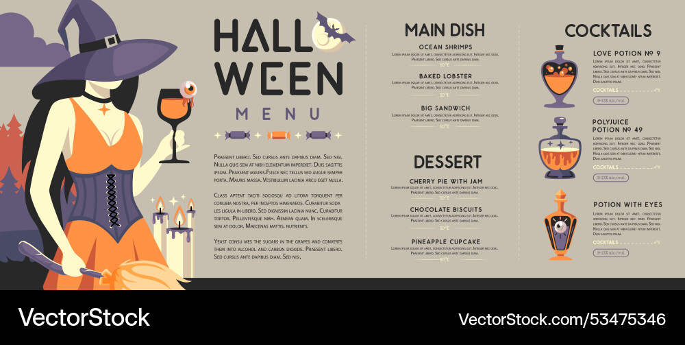 Halloween flat menu design with young witch Vector Image