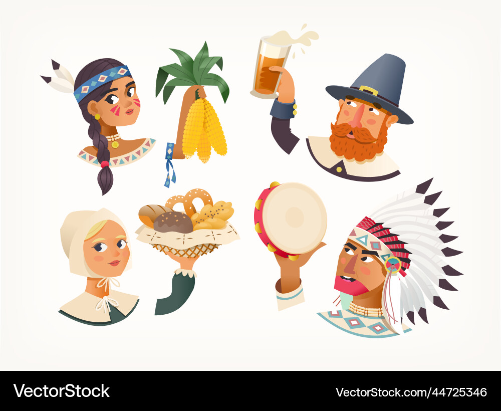 Thanksgiving Pilgrims & Native Americans Vector Image