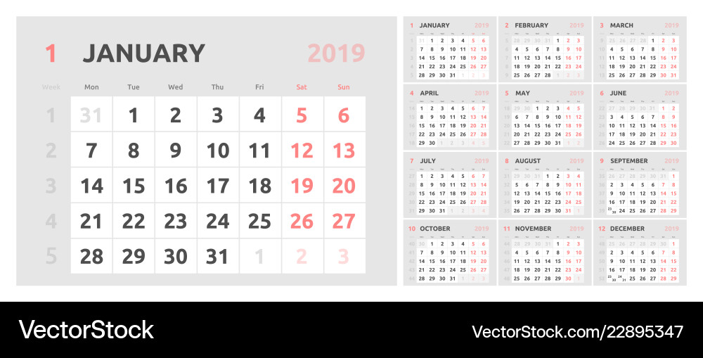 Calendar design for 2019 week starts on monday Vector Image