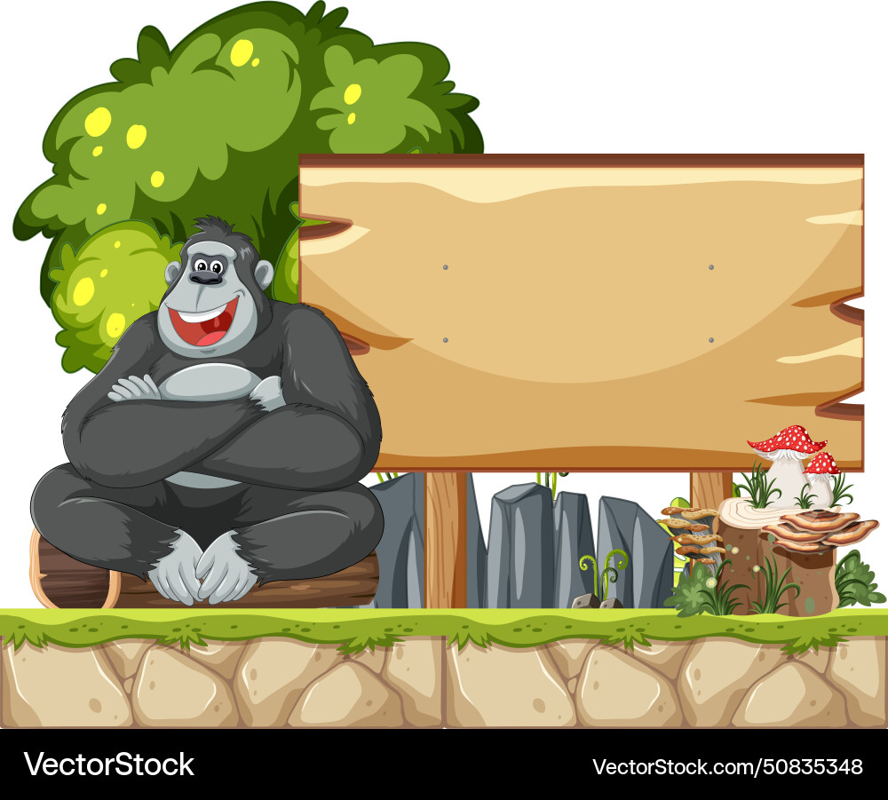 Cheerful gorilla sitting beside an empty signboard