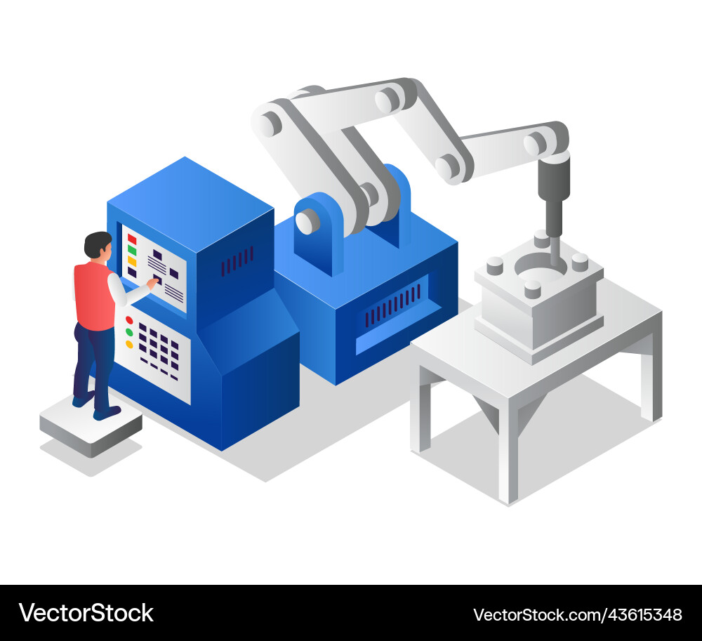 Male operator is running a futuristic cnc machine Vector Image