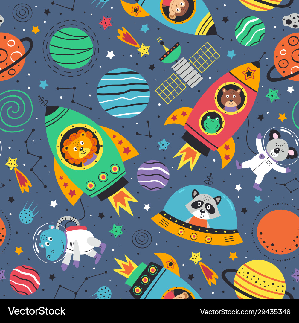 Space Animals in Rockets - Seamless Pattern Vector Image