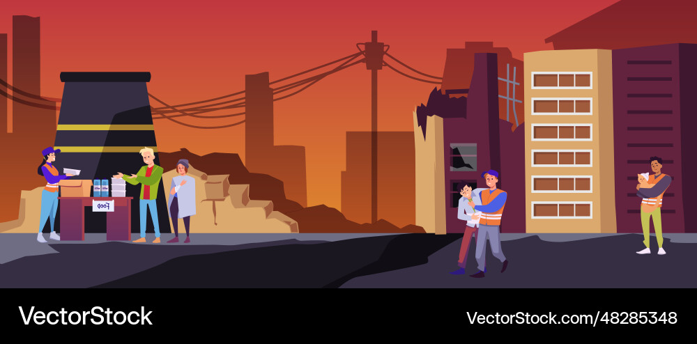 Volunteers help sufferer people after catastrophe Vector Image