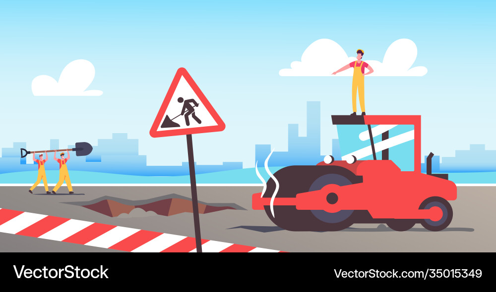 Builder driving asphalt paving roller machine Vector Image