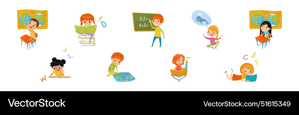 Cute school boy and girl learn lesson set Vector Image