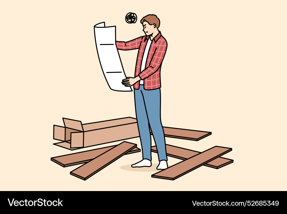 Man assembles furniture with own hands and holds Vector Image