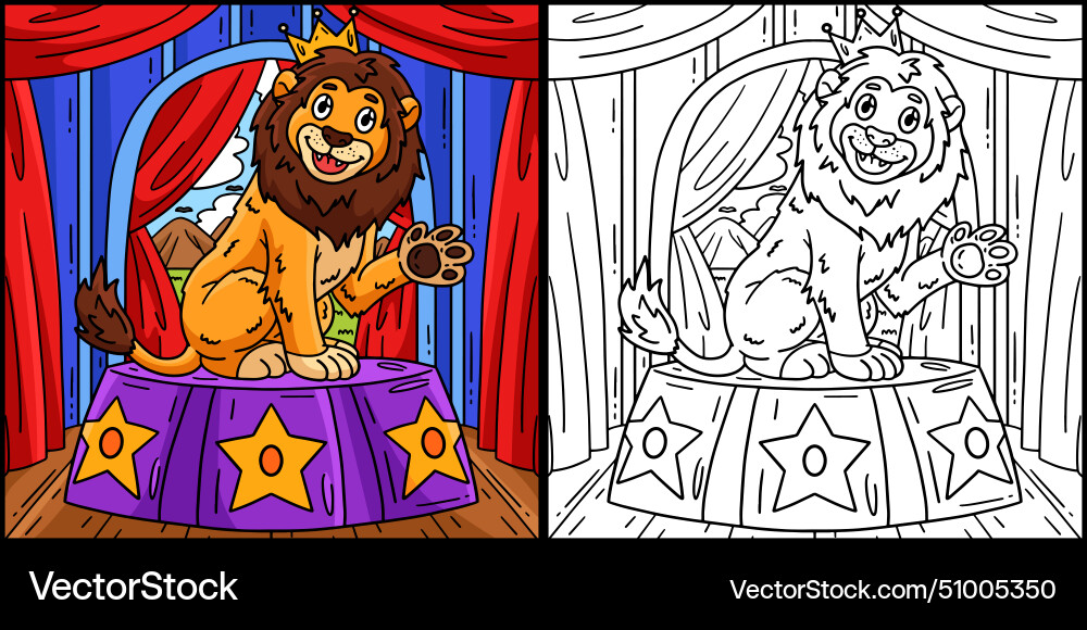 Lion on circus podium coloring page Royalty Free Vector
