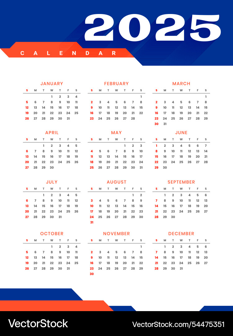 2025 full page calendar printable template week Vector Image