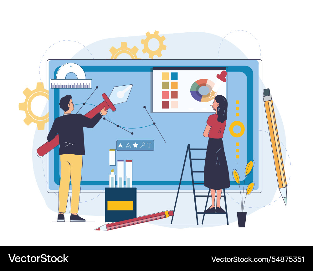 Graphic designer concept man and woman developing Vector Image