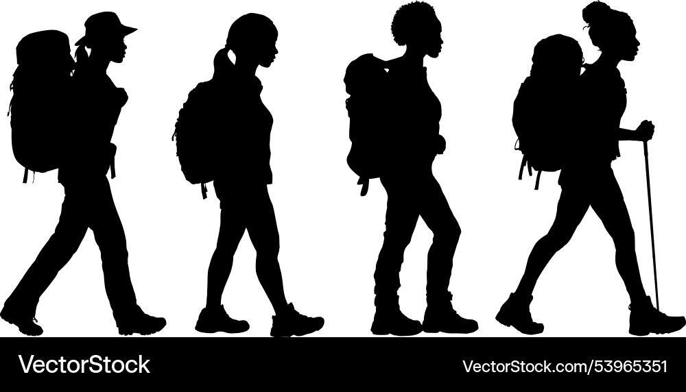 Set von Silhouette Wander Frau mit Backpac Vektorbild