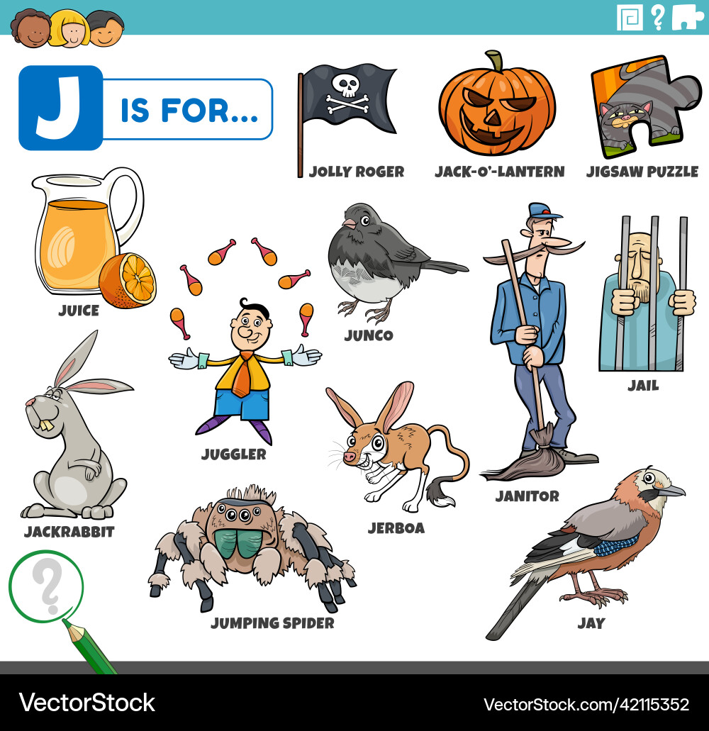 Letter j words educational set with cartoon Vector Image
