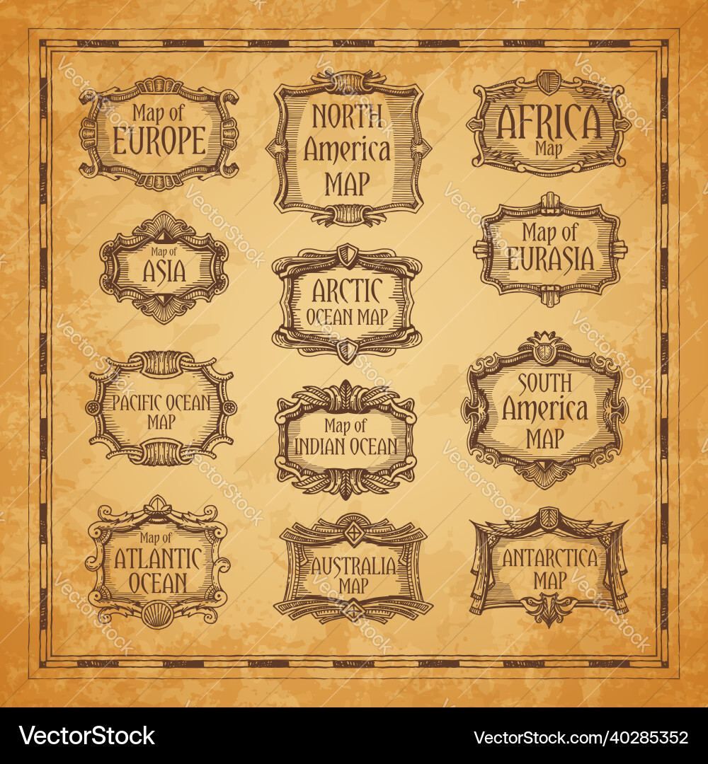 Vintage map oceans and continents frames borders Vector Image