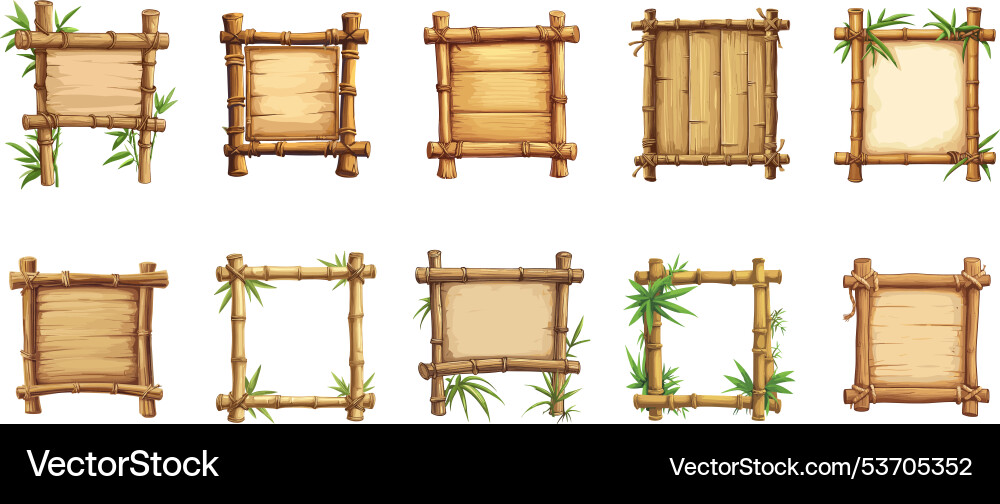 Wooden bamboo sign board frames set with leaves Vector Image