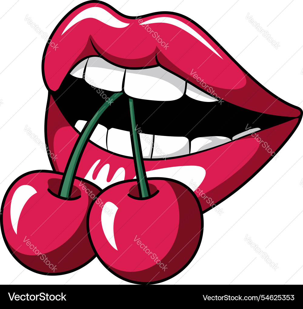 Sexy lips biting cherries pop art style Royalty Free Vector