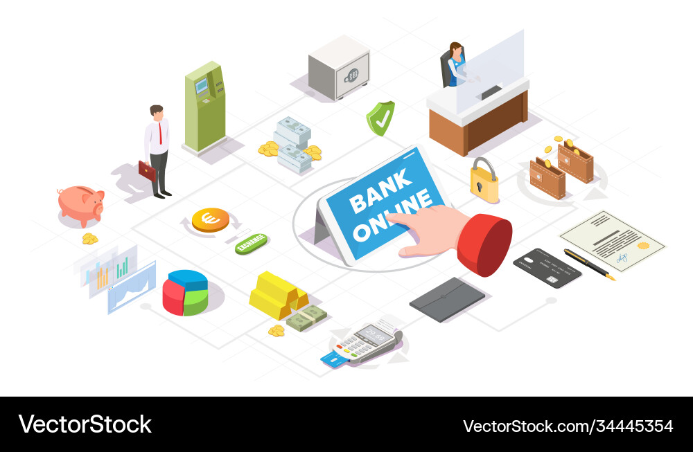 Mobile banking services isometric flowchart Vector Image