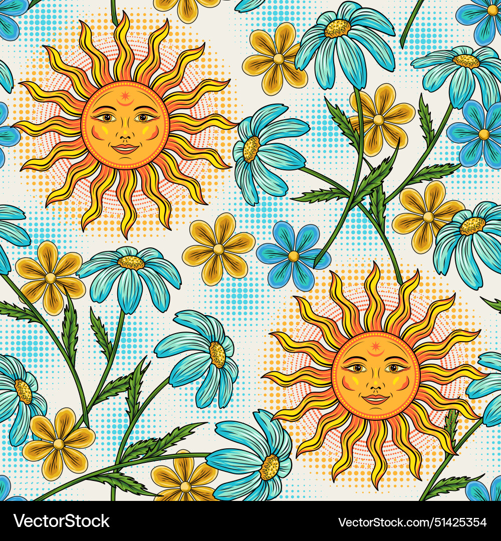 Summer pattern with sun face chamomile Royalty Free Vector