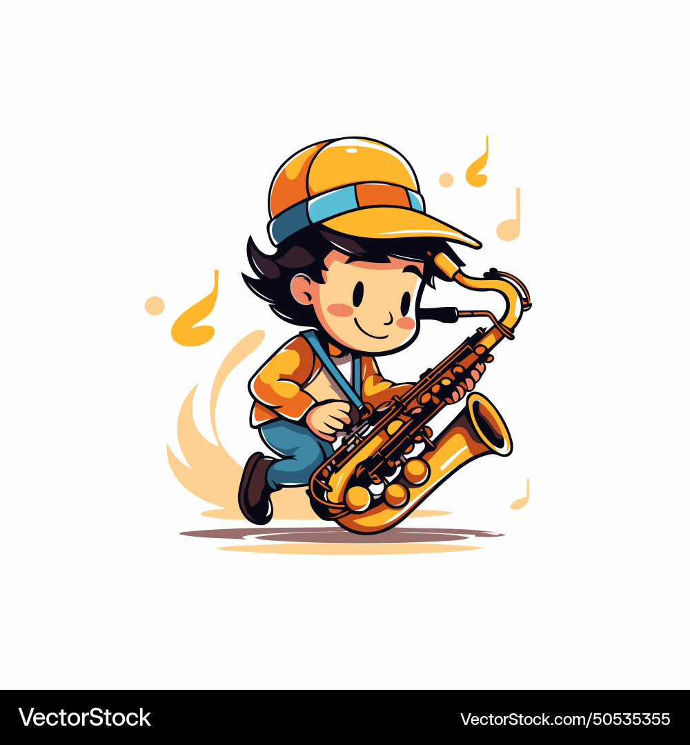Cartoon boy playing saxophone on white background Vector Image