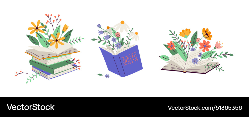 Books with flowers bouquets 2d linear cartoon Vector Image