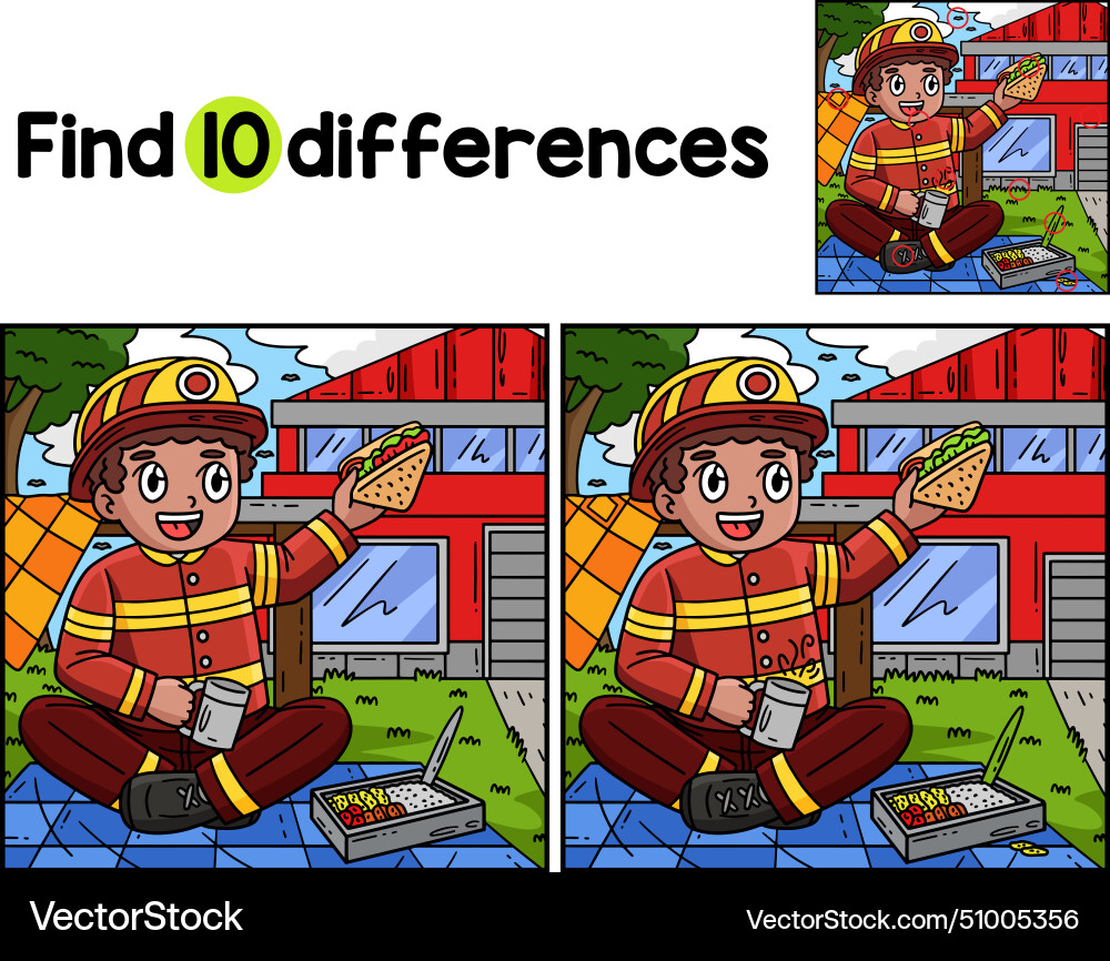 Firefighter eating lunch find the differences Vector Image