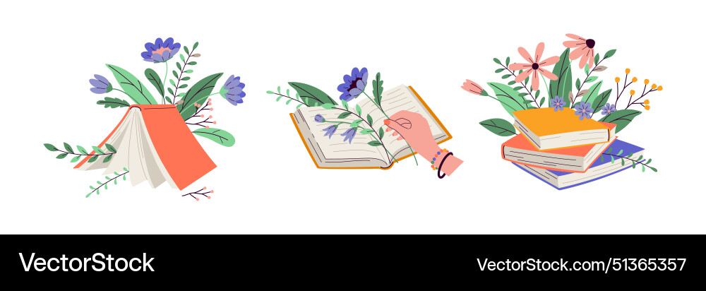 Books with flowers bouquets 2d linear cartoon Vector Image