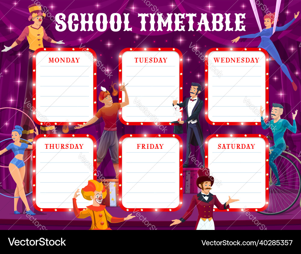 Cartoon circus education timetable schedule Vector Image