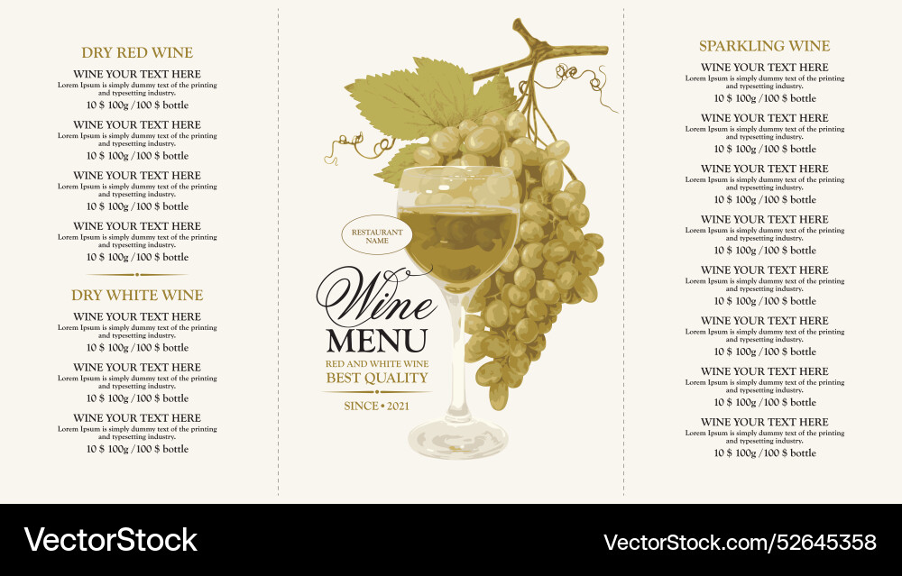 Wine menu template with price list for restaurant Vector Image