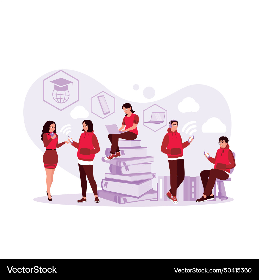 College students use cell phones and laptops Vector Image