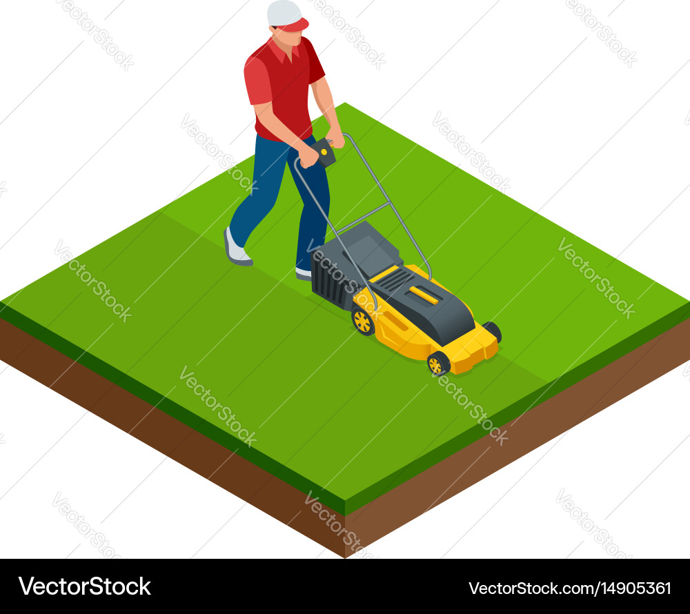 Man mowing the lawn with yellow mower Royalty Free Vector