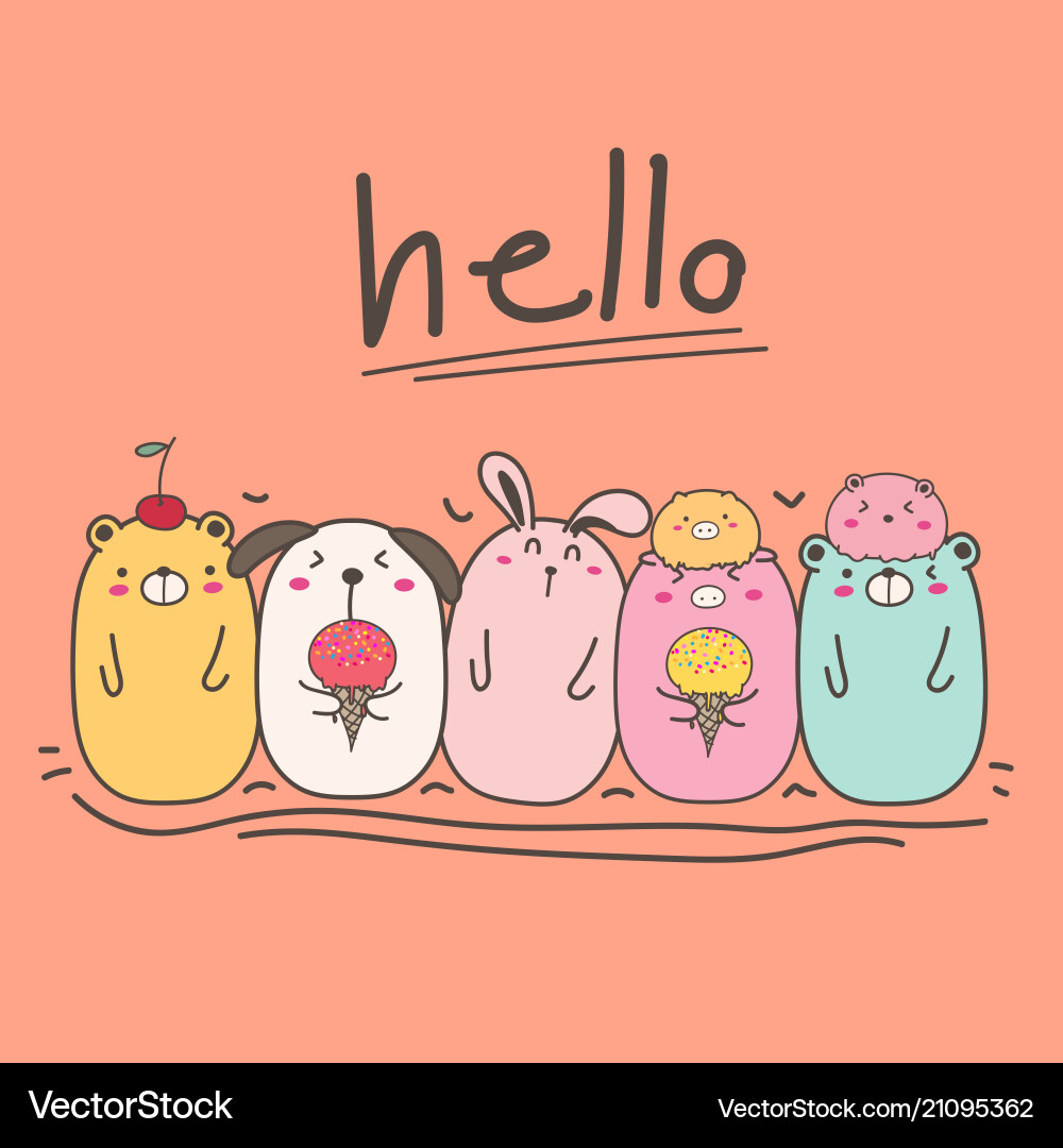 Hand drawn cute animal with say hello Royalty Free Vector