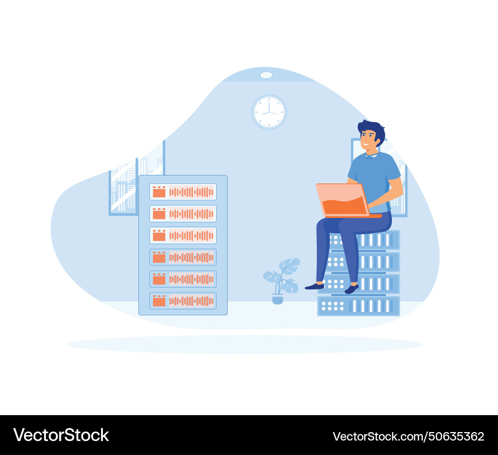Man using remote servers laptop to analyzing Vector Image