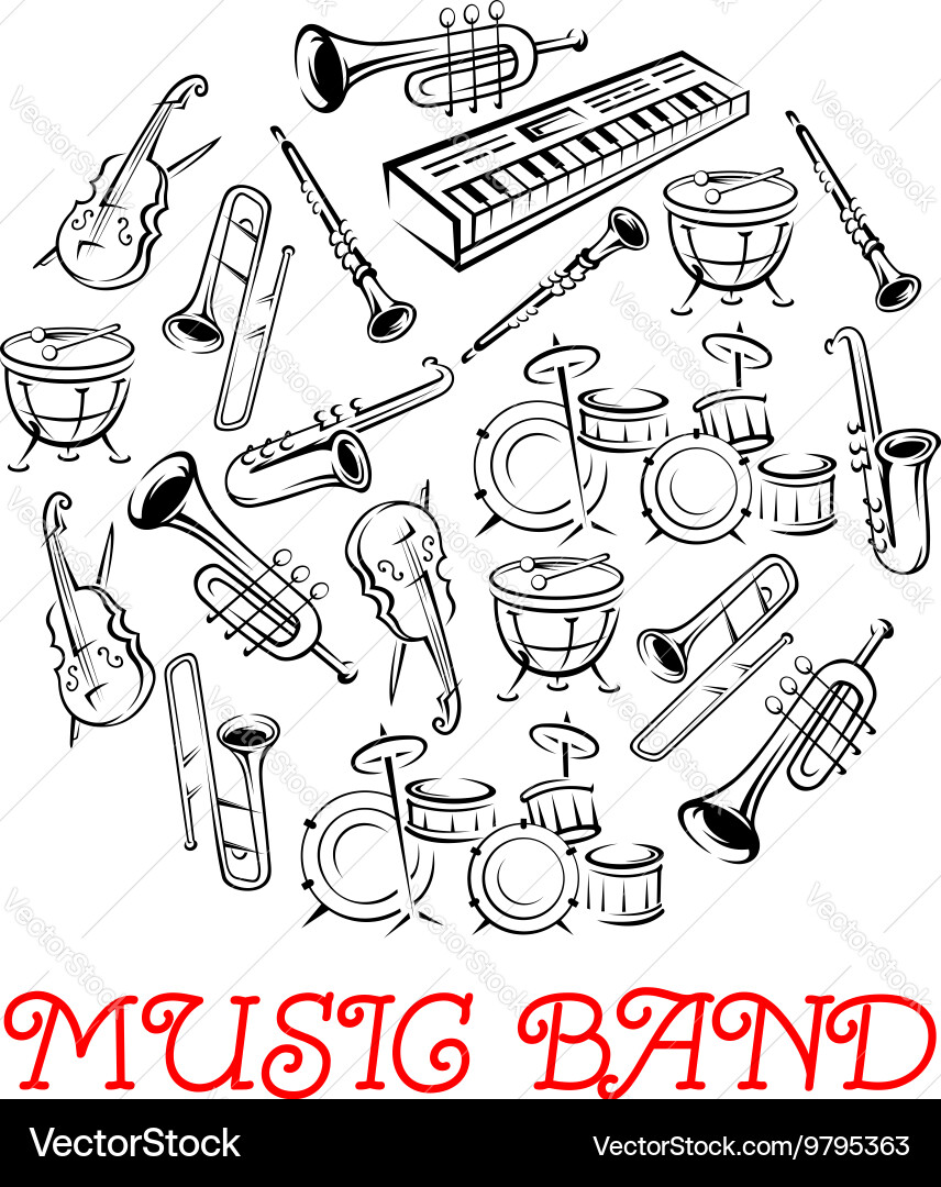 Sketched sound instruments for musical band Vector Image