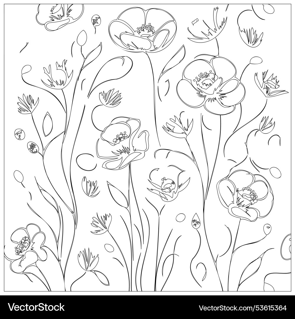 Poppy flower pattern outline sketch Royalty Free Vector